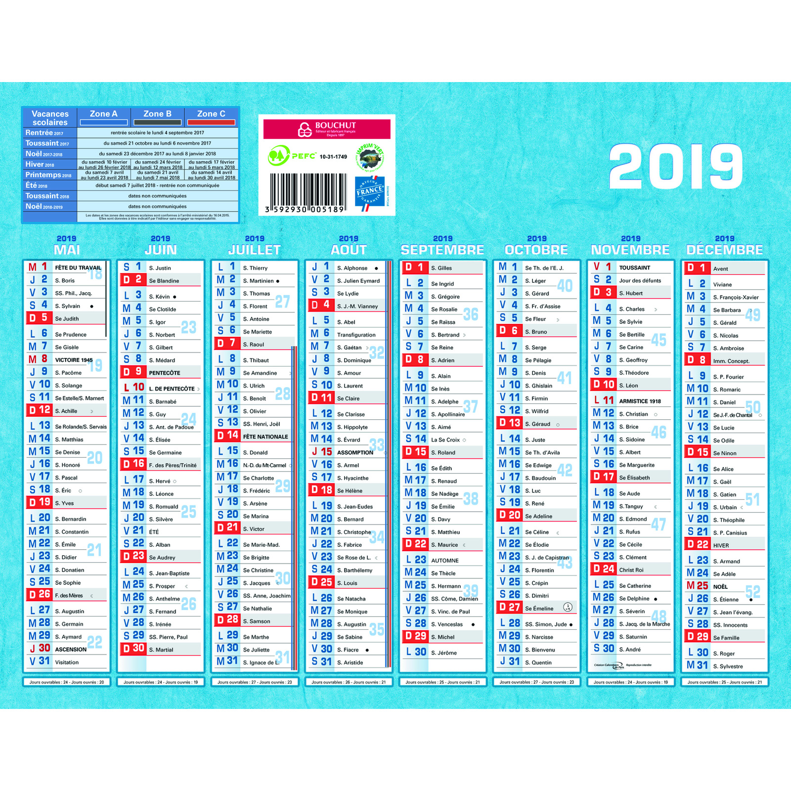 CALENDRIER PETIT FORMAT 21X26,5CM SEPTEMBRE/DÉCEMBRE K306501 - LLT